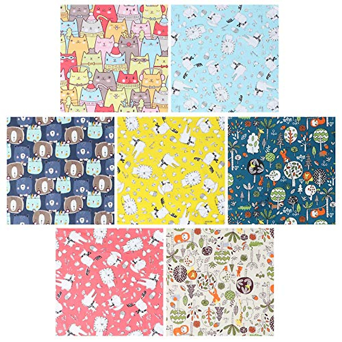 HEALLILY Kids Sheets 7pcs Animal Printed Cotton Fabric Sewing Fabric Squares Quilting DIY Sewing Precut Fabric Sheets Patchwork Quilted Bed Sheets