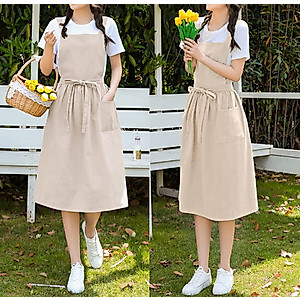 Cute Retro Cotton Linen X-Back Aprons Home Kitchen Garden Art Painting Pinafore Florist Shop Overalls (Beige, 39L)