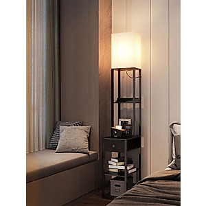 addlon Floor lamp with 2 USB, 1 Outlet and Drawer, 3 Color Temperatures LED Bulb (9W), Sofa lamp with White lampshade, Display Floor lamp with Shelves for Living Room, Bedroom and Office - Black