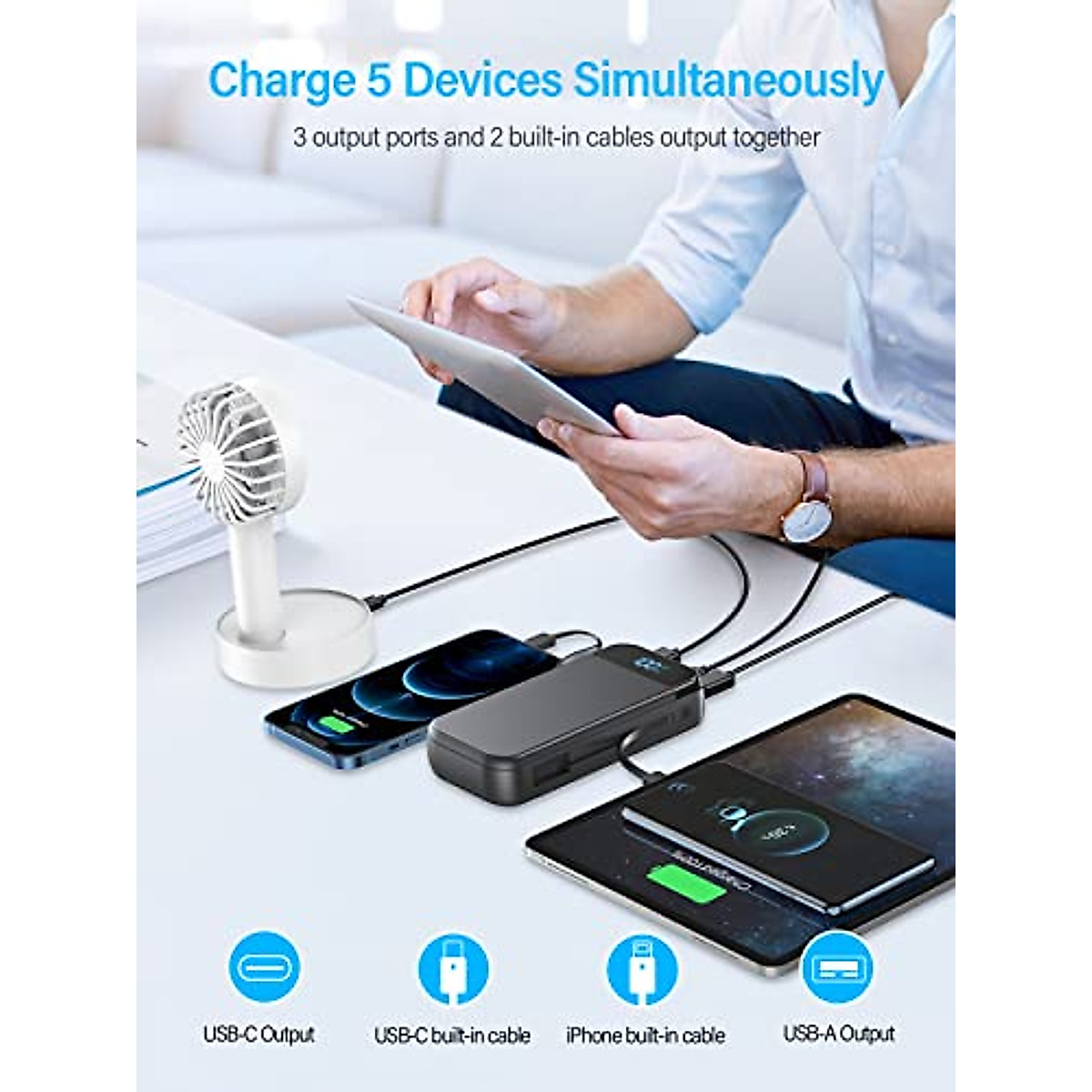 BLJIB Portable Charger 32000mAh, 22.5W QC 3.0 PD 20W Smart LED Display Fast Charging Built in Cables Power Bank, External Battery Pack Charge 5 Devices Compatible with Cellphones (Black)