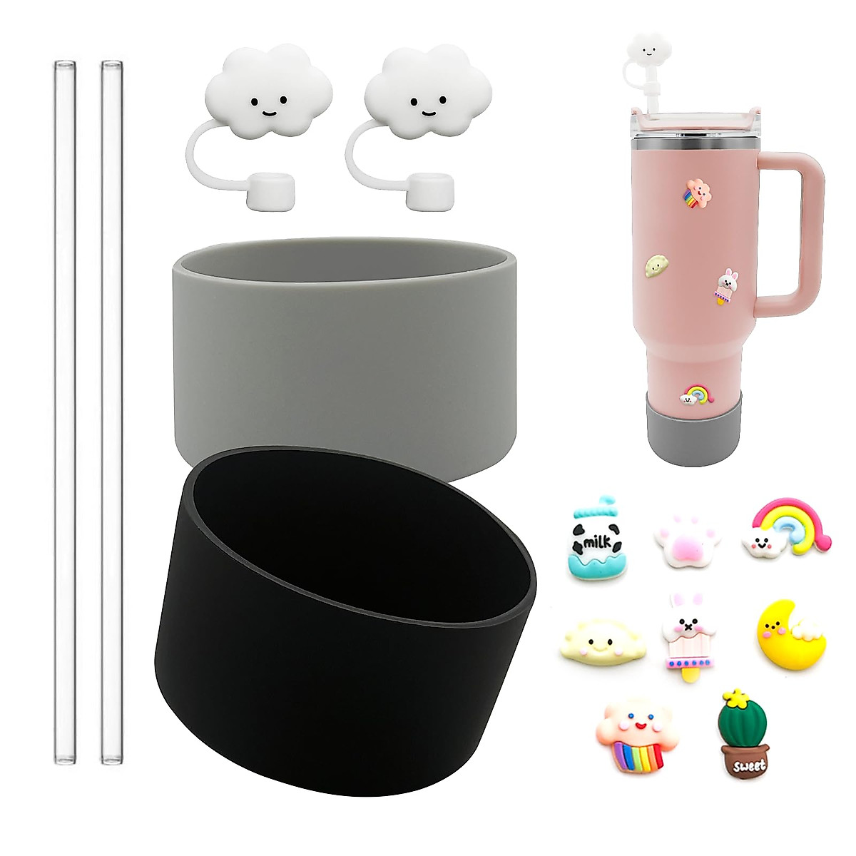 Bougimal Straw Cover Fit for Stanley Quencher H2.0 40 oz 30 oz Tumbler with Handle & Stanley IceFlow 20oz 30oz, Protective Silicone Cup Boots Reusable, Rainbow label, Stanley Cup Accessories, Gray