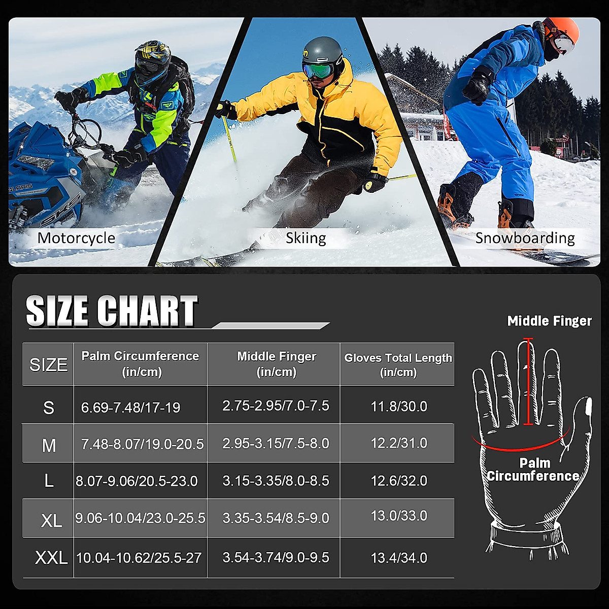 MCTi Waterproof Mens Ski Gloves Winter Warm 3M Thinsulate Snowboard Snowmobile Cold Weather Gloves Grey Large