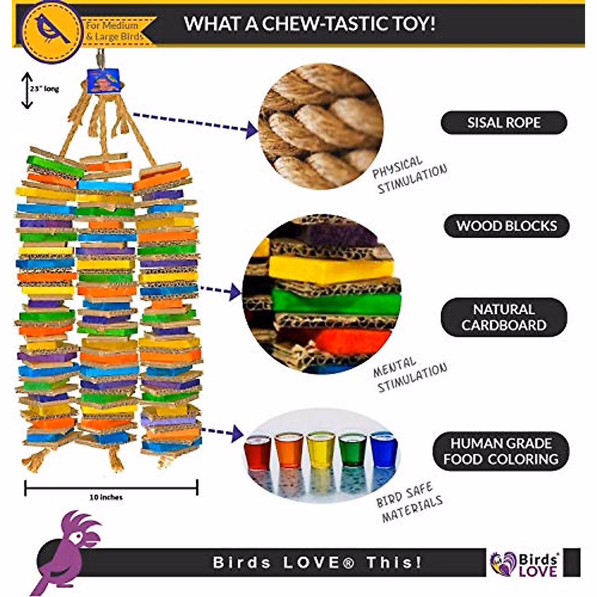 Birds LOVE Chew-Tastic Triple Tower of Shredded Fun Colorful Safe Lots of Wood to Chew Large Bird Cage Toy for African Greys, Amazons, Eclectus, Cockatoos, Macaws and Similar Sized Birds