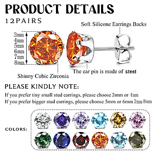 Jstyle Hypoallergenic Stud Earrings for Women Men Surgical Stainless Steel Birthstone Earrings Studs Colorful Cubic Zirconia Earrings Set Womens small Stud Post Earrings for Sensitive Ears