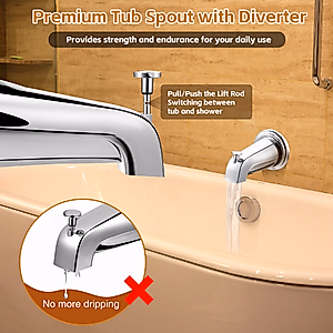 Dreyoo Diverter Tub Spout with Tub Spout Cover Ring, Universal Fits 1/2" Copper Pipe, 1/2" IPS and 3/4" IPS, Bathroom Bathtub Faucet Replacement with Foam Gasket, Adapters and Hex Wrench (Chrome)