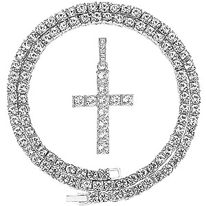 Iced Out Cross Pendant on Tennis Chain for Men or Women - Bling'ed Out Hip Hop Jewelry on Blast! - Gold or Silver and Size Your Choice - TN001 Cross (16" Silver)