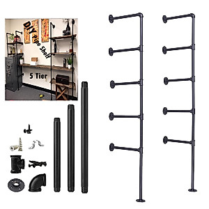 5 tier Industrial Wall Mount Iron Pipe Shelf Shelving Bracket Vintage Retro Ceiling Hung shelf DIY Open Bookshelf Storage for office Room Kitchen (2PcsX5Tier,70" Tall,12"deep,Hardware Only)