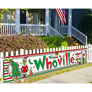 Vohado Welcome to Whoville Fence Banner Christmas Winter Holiday Party Decoration Xmas Decor Yard Outdoor Hanging Banner