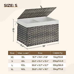 GREENSTELL Storage Basket with Lid, Handwoven Blanket Storage Basket with Cotton Liner and Metal Frame, Foldable & Easy to Install, Shelf Basket Bin with Handle for Bedroom, Laundry Room Grey 65L