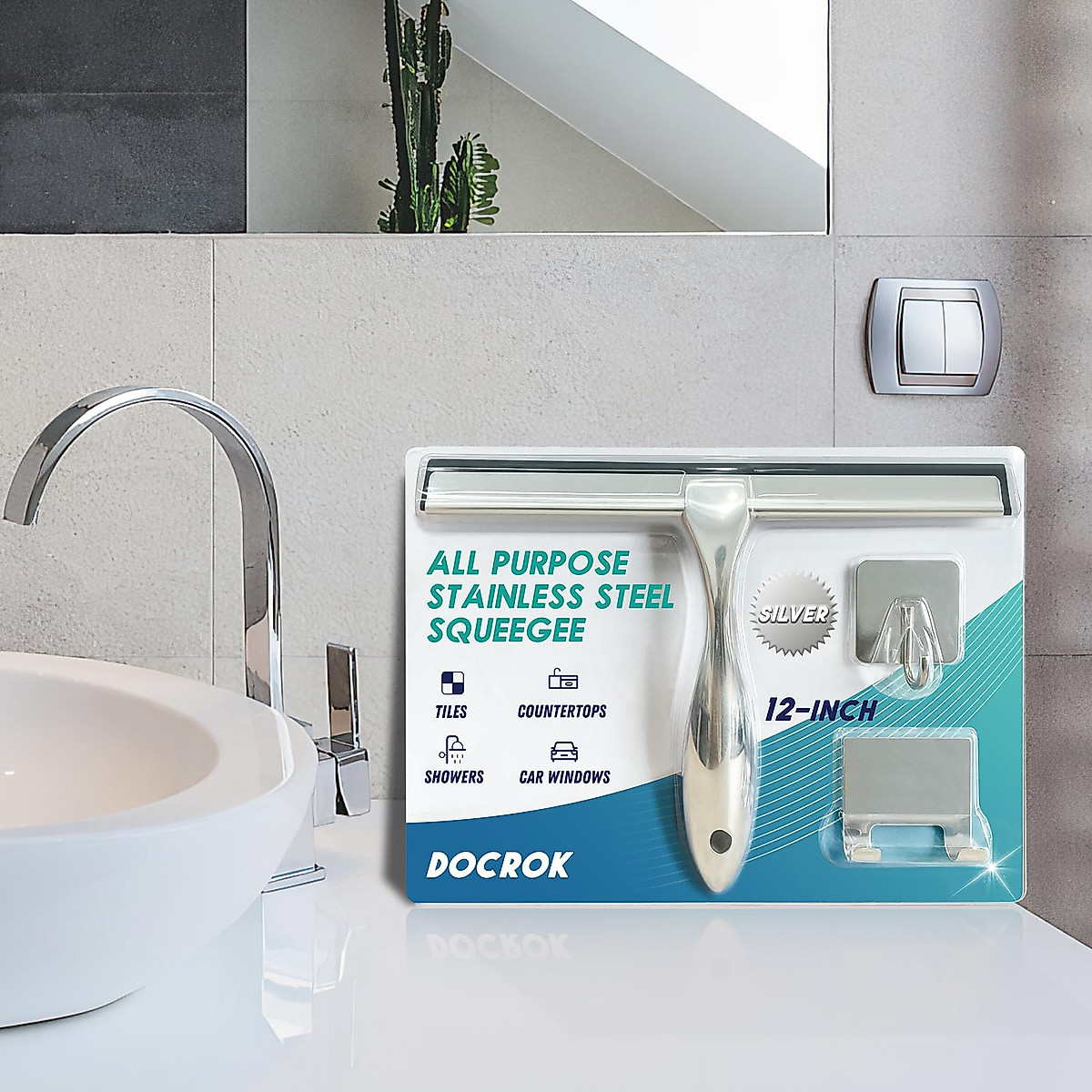 All-Purpose Stainless Steel Shower Squeegee for Shower Doors with 2 Adhesive Hooks, Bathroom Cleaner Tool Household Window Mirror Squeegee for Home Cleaning, Glass Door, Tile Wall, Car, 12 Inch Silver