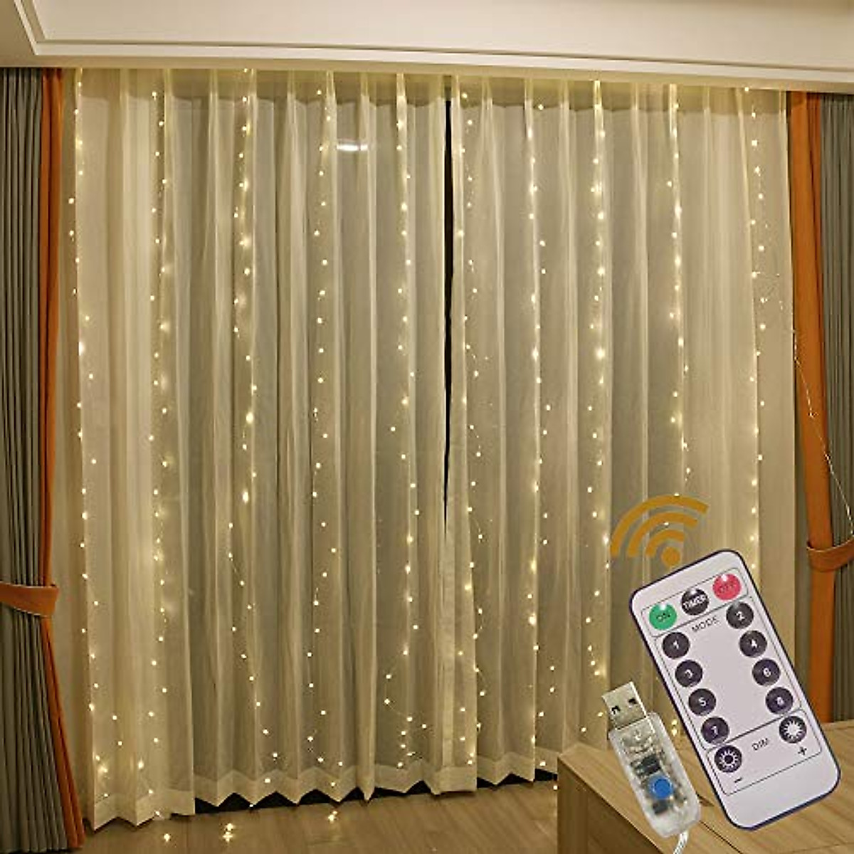 GUOCHENG Copper String Curtain Lights 3m x 3m LED Curtain Fairy Lights USB Powered Window Light Strings with Remote for Home Bedroom Party Wedding, Indoor Outdoor Decorations-Warm White