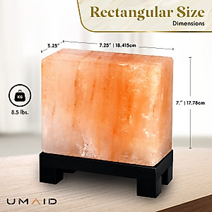 UMAID Himalayan Salt Lamp Rectangle, Salt Rock Lamp on Modern Wood Base, Night Light Bulb & Dimmable Cord, Natural Himalayan Pink Salt Lamp, Unique Home Decor, Zen Gifts, Spa & Meditation Accessories