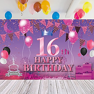 Happy 16th Birthday Backdrop Banner Pink Purple 16th Sign Poster 16 Birthday Party Supplies for Anniversary Photo Booth Photography Background Birthday Party Decorations, 72.8 x 43.3 Inch