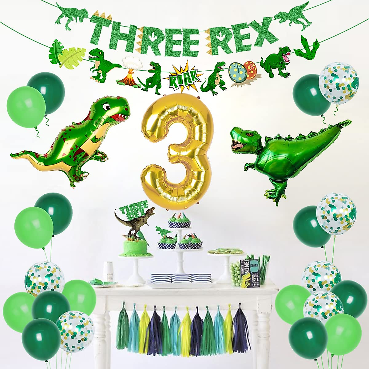 Dinosaur 3rd Birthday Decorations, 3 Rex Birthday Party Supplies - Three Rex Banner, Cake&Cupcake Toppers, Dinosaur Balloons,Temporary Tattoos for Roar I’m 3 Boys Girls Birthday