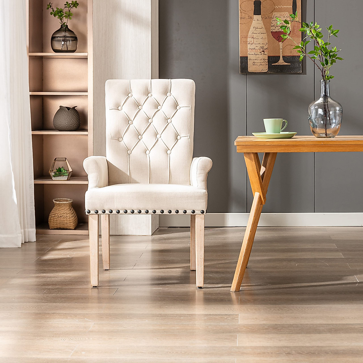 Dining Room Chairs with Arms,Tufted Upholstered High Back Nailed Trim with Untique Oak Wood Legs for Kitchen Restaurant Room Bedroom (Beige)