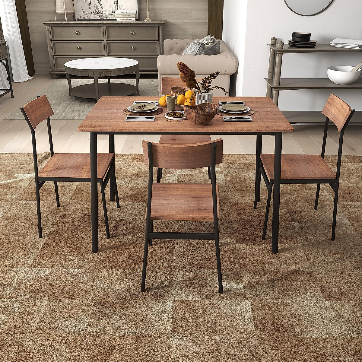 Dporticus 5-Piece Kitchen & Dining Room Sets for 4 Dining Table Set Rustic Industrial Style Wooden Kitchen Table and Chairs with Metal Frame- Brown