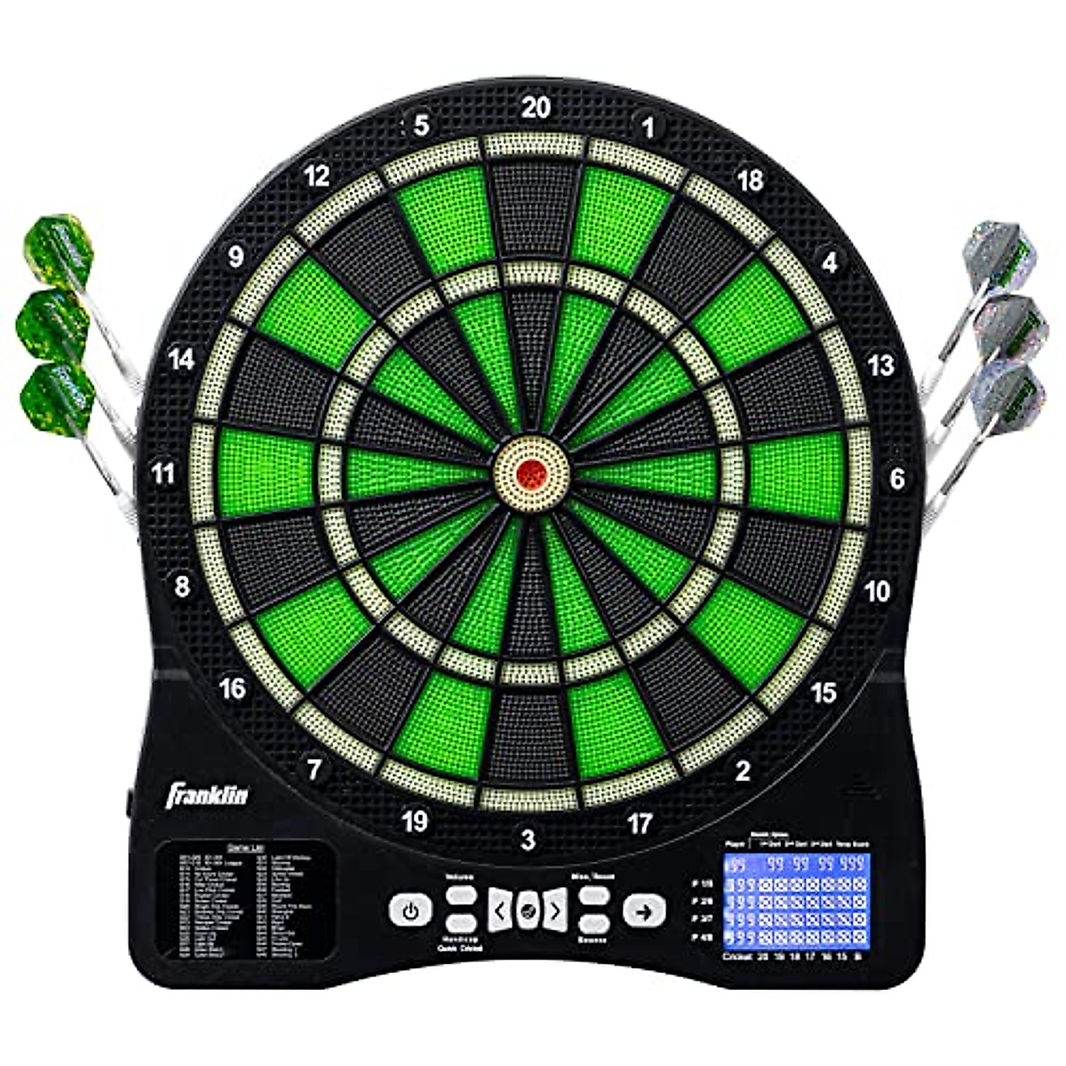 Franklin Sports Light Up Electronic Dart Board Set - LED Soft Tip Electric Dartboard with Digital Scoreboard - Adults + Kids Set - (6) Darts Included, Black/Green, 15"