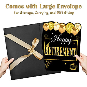 Kuxriox Happy Retirement Party Decorations Card for Men Women, Black Gold Large Retirement Card With Envelope, Jumbo Happy Retired Guest Book Greeting Card, Giant Farewell Retired Card Gifts
