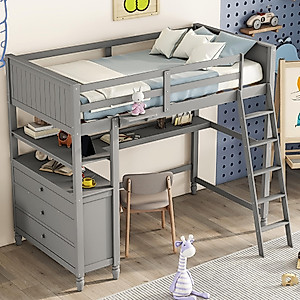 MERITLINE Twin Size Loft Bed with Desk and Dresser, Wooden Loft Bed with Storage Drawers and Shelves for Kids Teens Boys Girls,No Box Spring Needed,Grey
