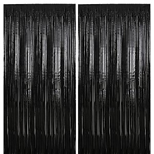 2 Pack 3.2 ft x 9.8 ft Black Tinsel Curtain Party Backdrop Decorations, Metallic Foil Fringe Backdrop Door for Halloween, Christmas, Birthday Graduation Wedding Party Streamers Photo Backdrop.