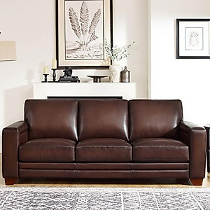 Hydeline Alice Top Grain Leather Sofa Couch, 88", Caramel Brown, Feather Down, Memory Foam and Springs Seating