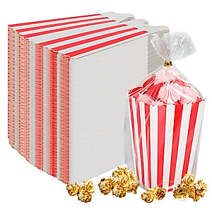 JarThenaAMCS 200Pcs Mini Popcorn Bags Bulk Paper Popcorn Boxes with Clear Plastic Treat Bags Red White Stripe Popcorn Buckets Paper Candy Favor Bags for Movie Night Party Supplies, 4.5 x 2.8 x 2 Inch