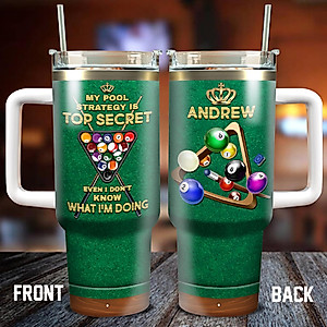 WAZONE Personalized Billiards Tumbler With Lid Custom Name Travel Coffee Mug Insulated Tumbler 40oz with Handle and Straw Novelty Saying Sports Themed Gift For Billiard Lovers Men Husband