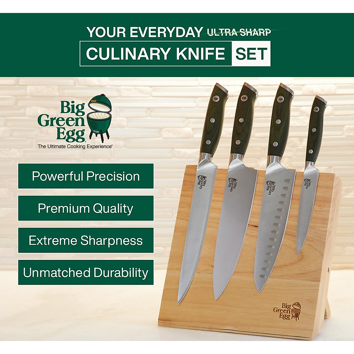 Big Green Egg Culinary Chef Knife Set (4 piece) with Case - German Steel Knives, 8” Chef Knife, Santoku Knife, Slicing Knife, and Paring Knife. Best Chef Knife Set