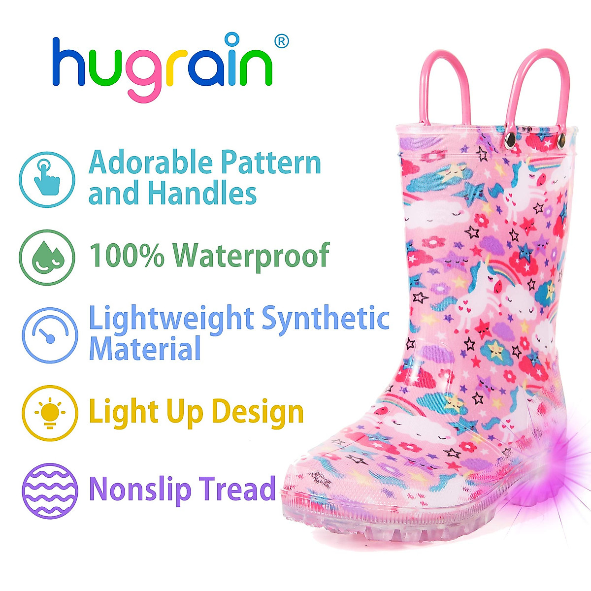 HugRain kids Girls Boys Rain Boots Toddler Light Up Printed Waterproof Shoes Lightweight Adorable Cute Pink Unicorn Rubber with Easy-On Handles and Insole (Size 13,Pink)