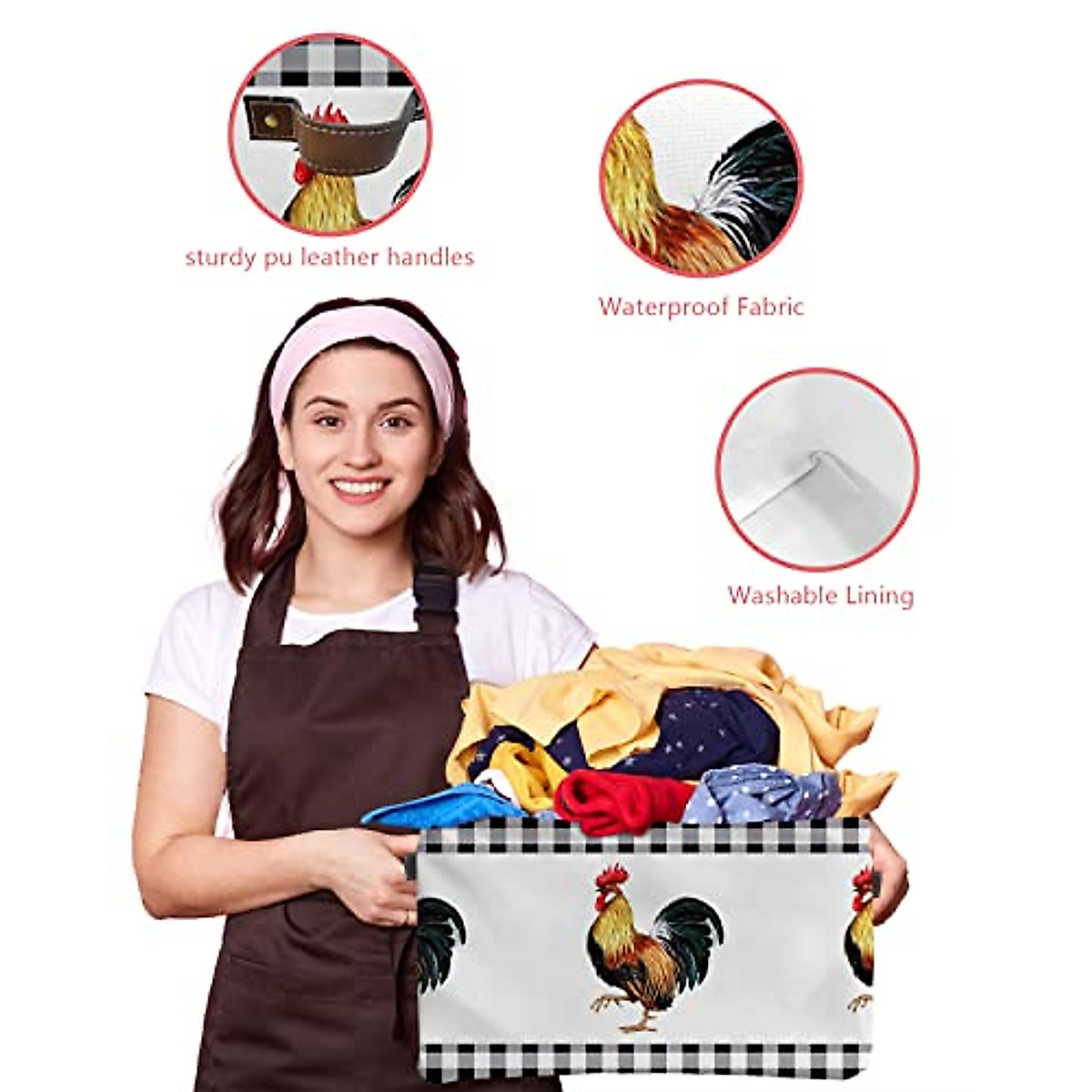 1 PC Large Storage Basket Bins Waterproof Fabric, Black Rooster Rectangular Storage Box for Shelf Closet Organizer Farm Buffalo Plaid White Check