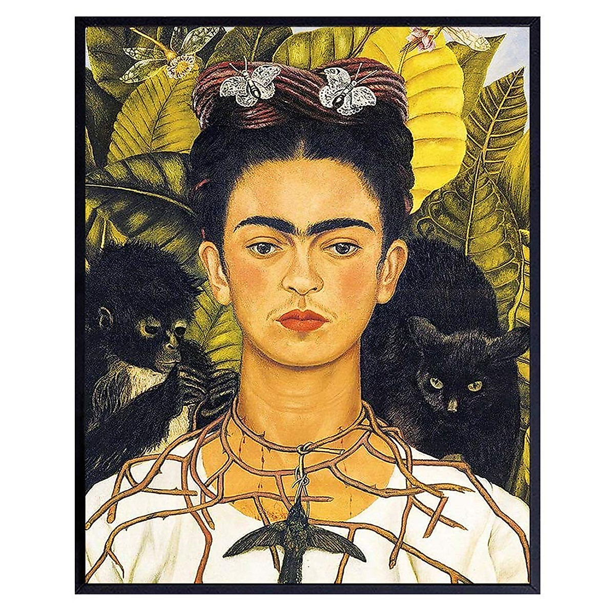 Poster - 8x10 Mexican Art Wall Decor Picture Print for Bedroom, Living Room, Home, Apartment - Gift for Women, Woman Artist - Monkey, Cat, Hummingbird Self-Portrait Painting - Unframed
