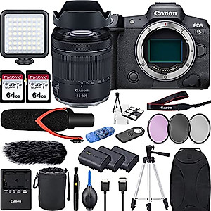 R5 with RF 24-105mm f/4-7.1 is STM Lens Mirrorless Digital Camera Bundle with V30 Shotgun Microphone, LED Light, 2xExtra Battery and Accessories(Backpack, 50" Tripod, 128Gb Memory and More)