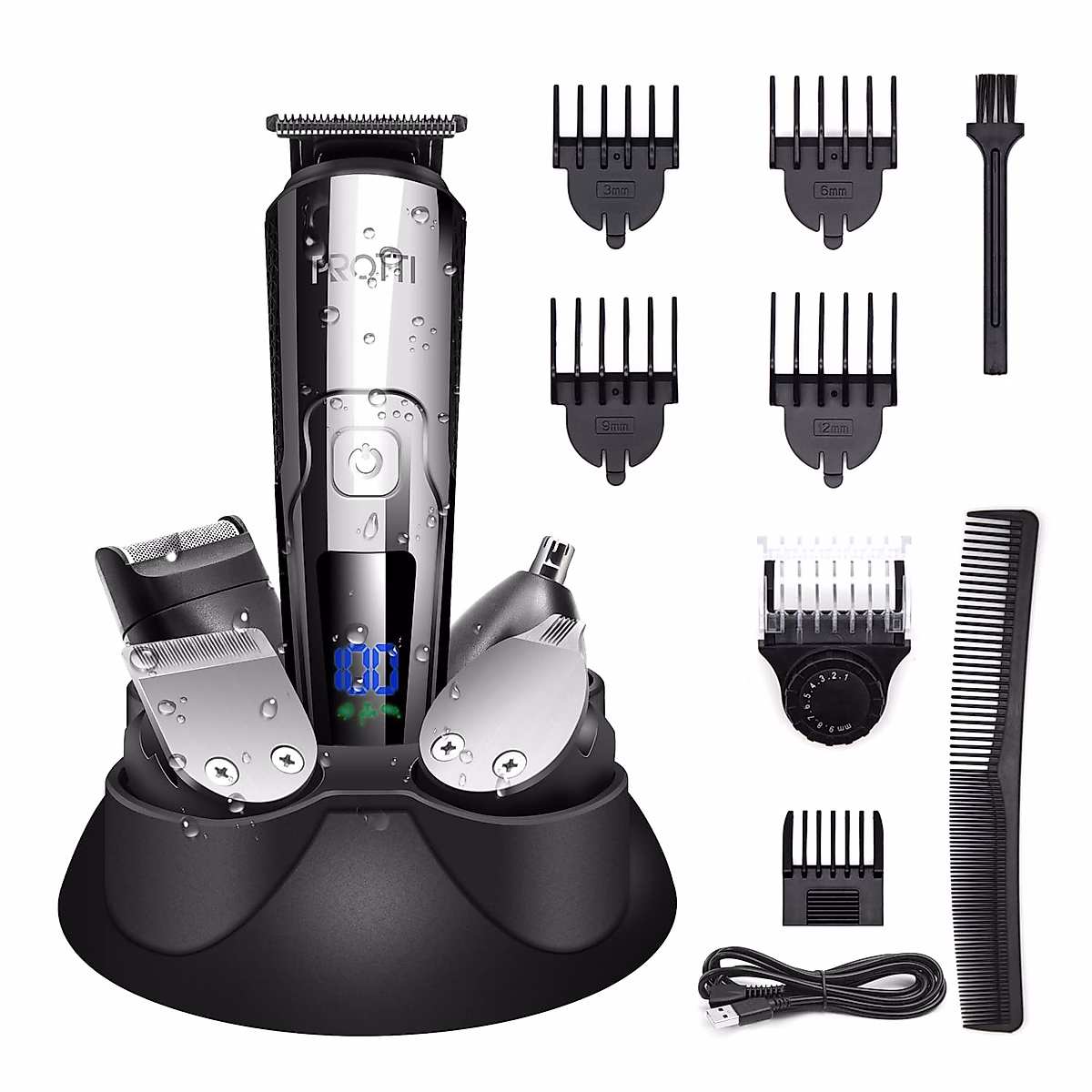 Beard Trimmer for Men, protti Hair Clippers for Men Waterproof Hair Trimmer 2 Ways Rechargeable Professional Cordless Hair Trimmer Facial Cutting Groomer All in 1 Mens Grooming Kit with LED Display