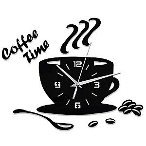 Enfudid Acrylic Wall Clocks Coffee Time Cup Clock Battery Operated Large Clock for Office