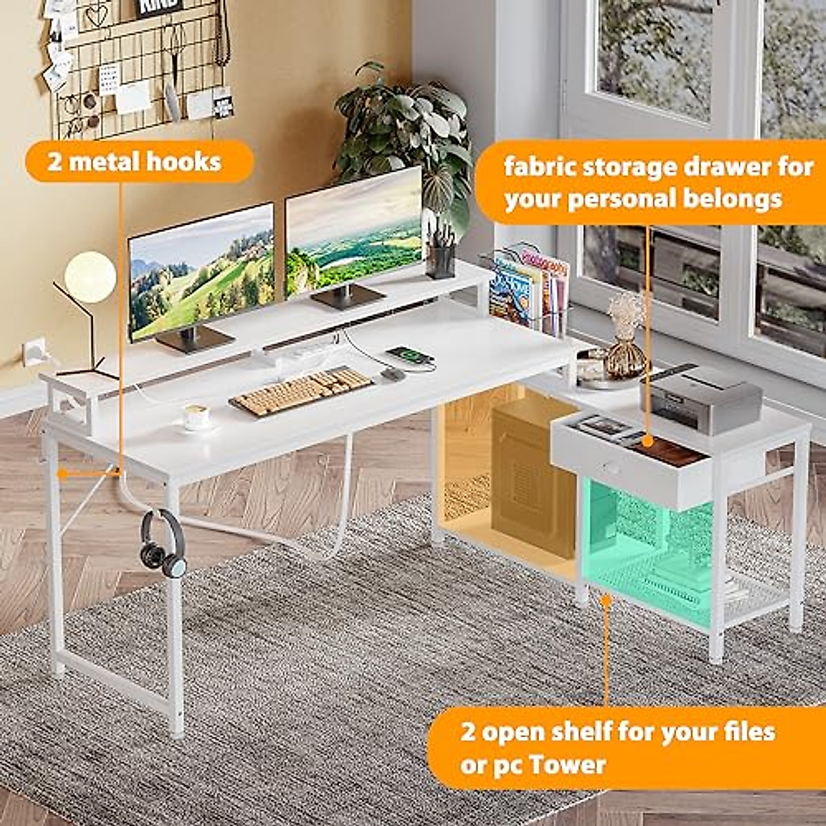 Furologee White L Shaped Desk with LED Lights & Power Outlet, Reversible Corner Computer Desk/91in Long Desk with Fabric Drawer and Shelves, Home Office Gaming Table with Monitor Stand-(55.1+39.4) in