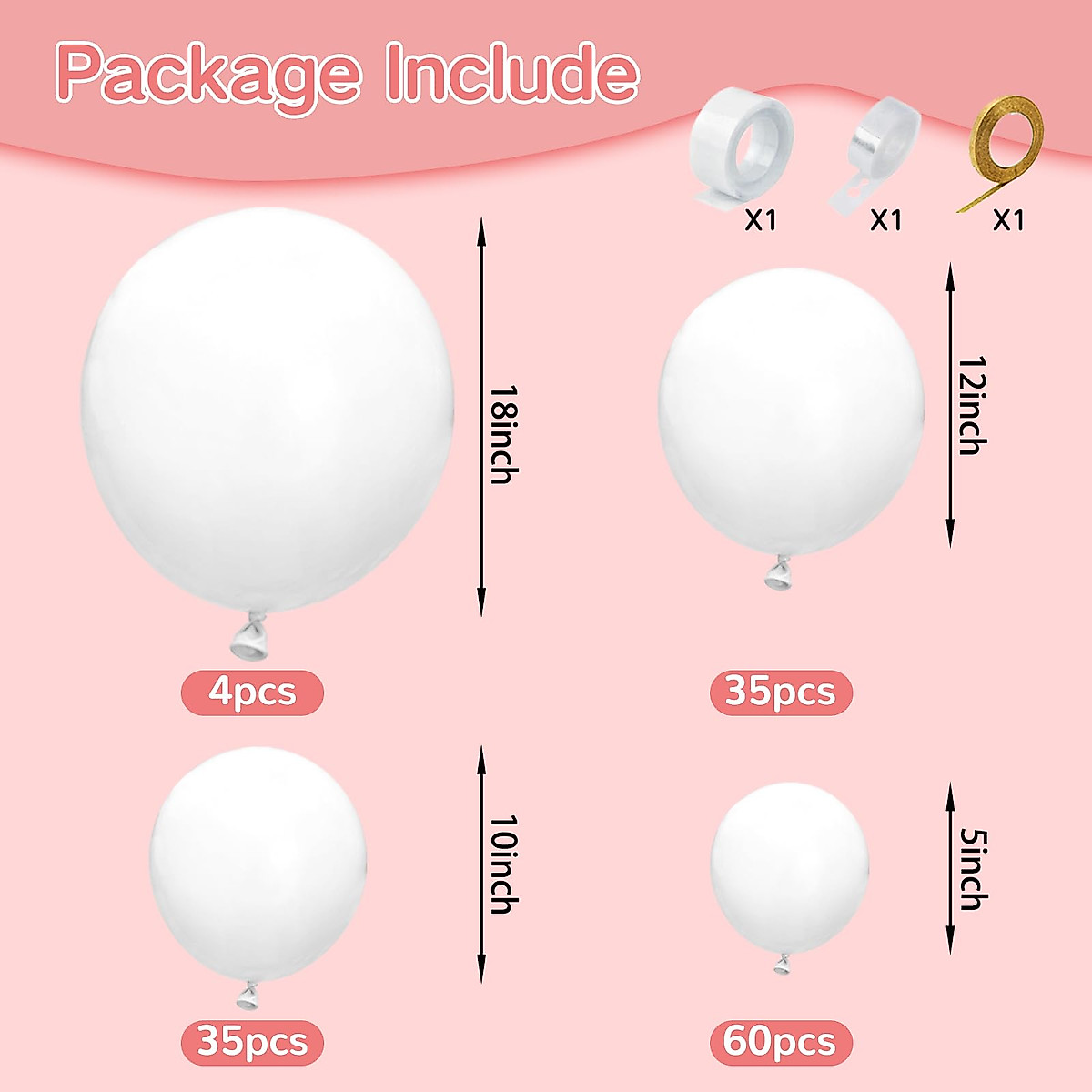 KAWKALSH 134pcs White Balloons Different Sizes for Garland Arch, Premium Party Latex Balloons for Birthday Party Graduation Wedding Anniversary Baby Shower Party Decoration
