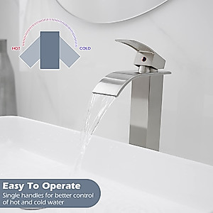 BWE Vessel Sink Faucet Modern Waterfall Brushed Nickel Single Hole Bathroom Faucet Single Handle with Pop up Drain Without Overflow Assembly Vanity Basin Bath Sink Faucets Mixer Tap Lead-Free