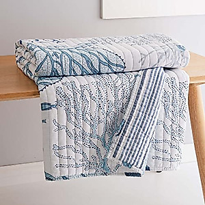 Levtex - Lacey Sea - Quilted Throw - 50x60in. - Coastal Coral - Blue and White - Reversible Pattern - Cotton Fabric