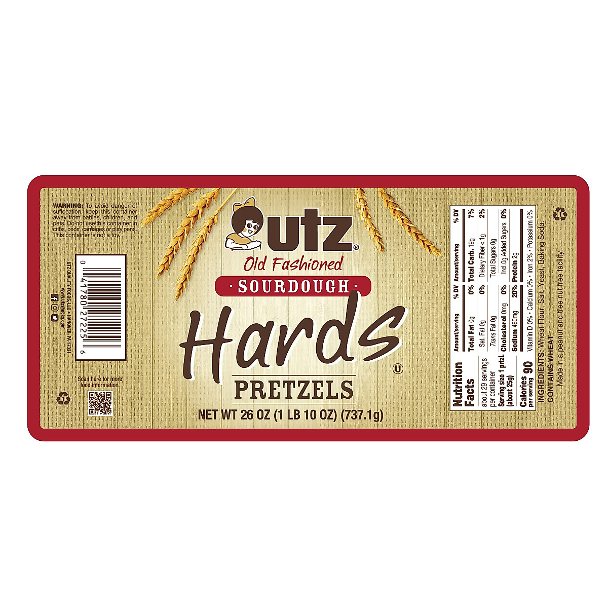 Utz Old Fashioned Sourdough Hard Pretzels – 26 oz Barrel (2 Count) – Big and Thick Classic Pretzel Twists, Crunchy Sourdough Pretzel with Zero Cholesterol, Brown