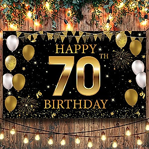70th Birthday Party Decorations Backdrop Banner, Black Gold Happy 70th Birthday Decorations for Men Women, 70 Years Old Birthday Photo Booth Props, 70 Birthday Sign for Outdoor Indoor, Fabric Vicycaty