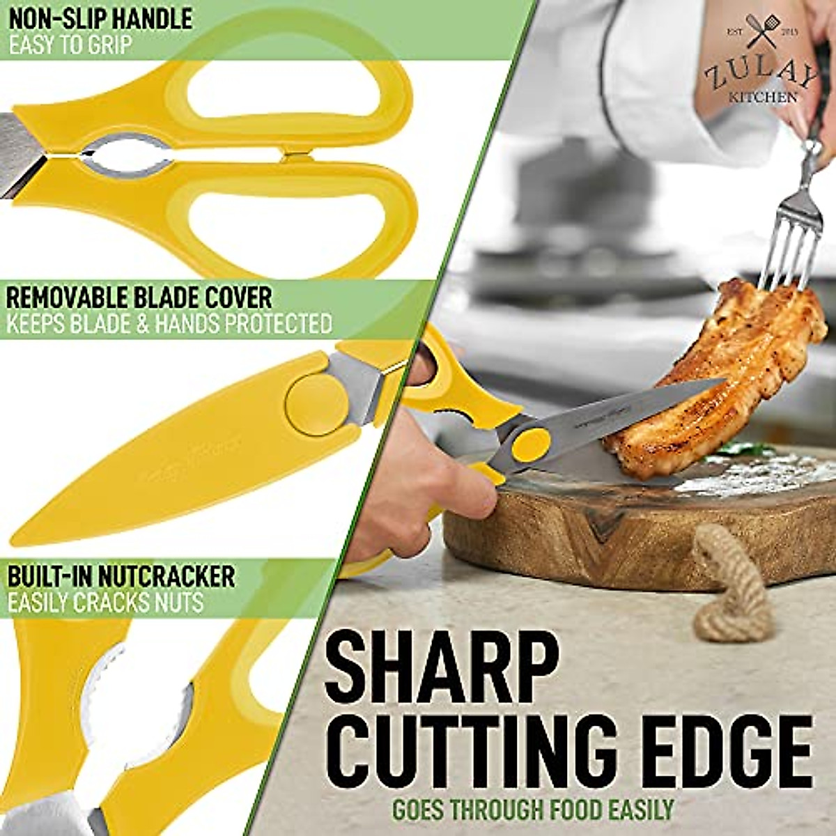 Zulay Kitchen Scissors Heavy Duty - Ultra Sharp Stainless Steel Kitchen Shears With Protective Cover - Multipurpose Food Scissors & Meat Scissors For Poultry, Fish, Herbs, & More (Yellow)