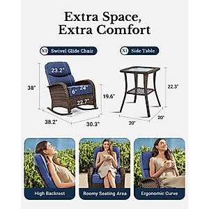 HILLGA 3 Pieces Rocking Chair Outdoor with 6" Thick Cushion, Oversized Patio Rocking Chairs Set of 2, Comfortable High Back Wicker Rockers with Side Table for Garden Porch Balcony & Backyard(Blue)