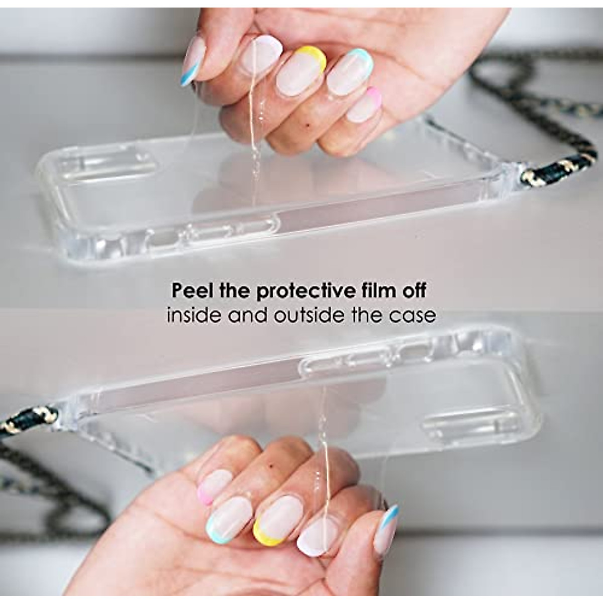 Ecofriendly iPhone 14 and iPhone 13 Pro Crossbody Cord Case Leash Hands-Free Adjustable Strap Landyard Shockproof Resistant Cover (Transparent Militar)