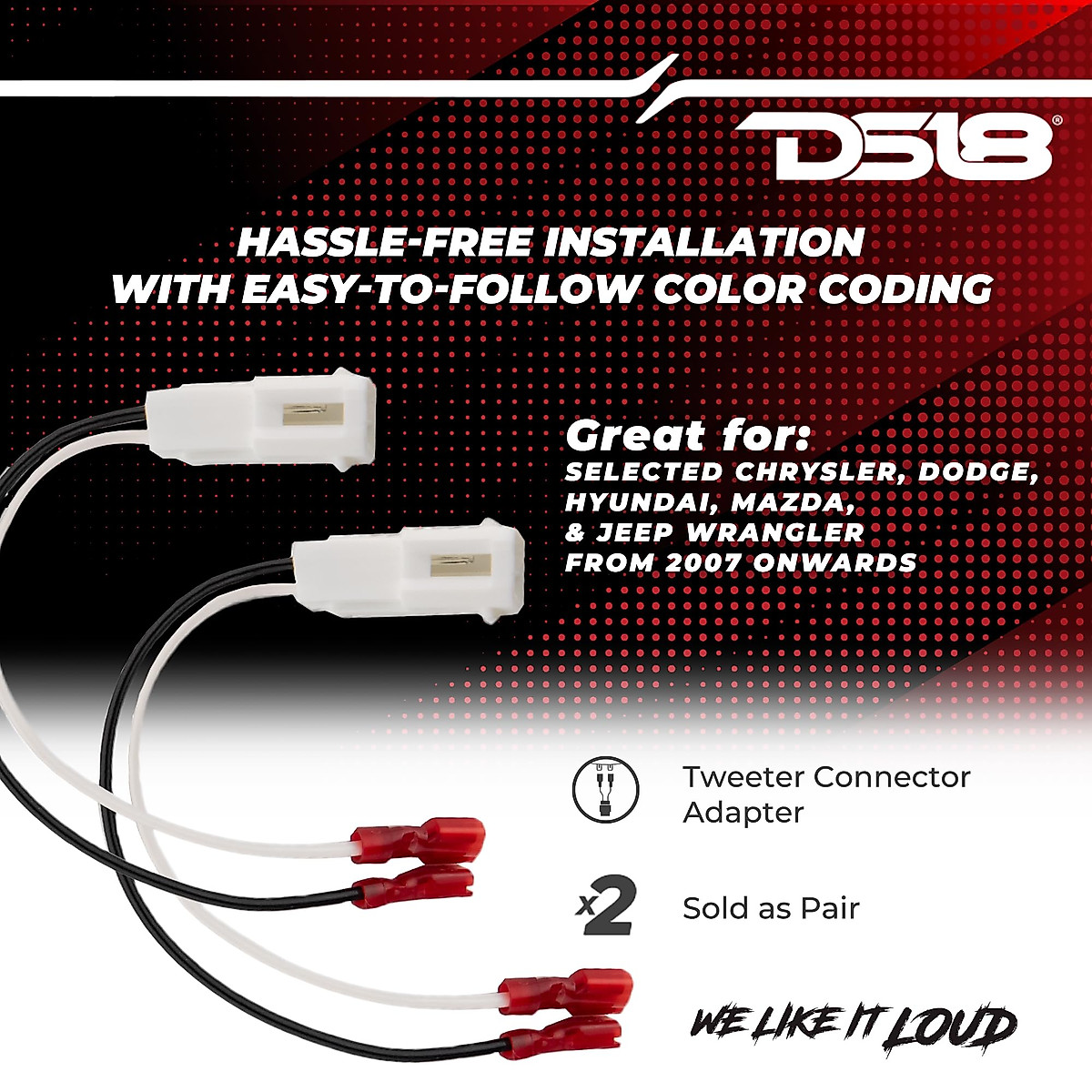 DS18 JC-T Tweeters Connector Adapter for Selected Chrysler/Dodge/Jeep Wrangler - Speaker Wire Harness Connector Plug Replacement - Tweeter Audio Cable - 2 pcs