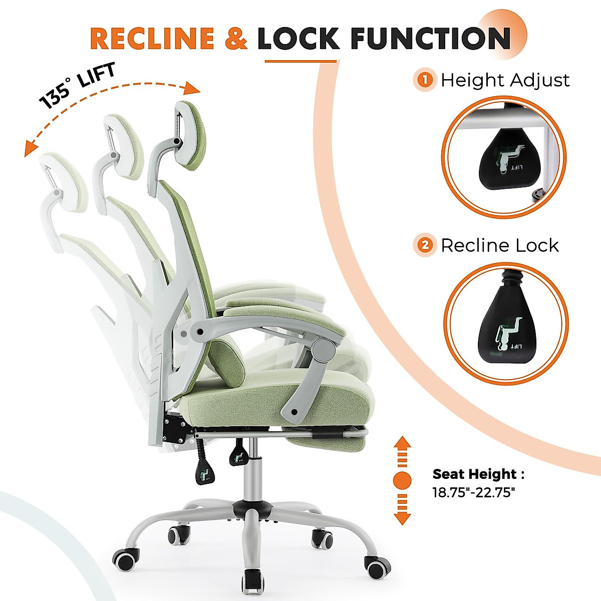 Sweetcrispy Office Computer Desk Chair, Ergonomic High-Back Mesh Rolling Work Swivel Chairs with Wheels, Comfortable Lumbar Support, Comfy Arms for Home, Bedroom, Study, Student, Green