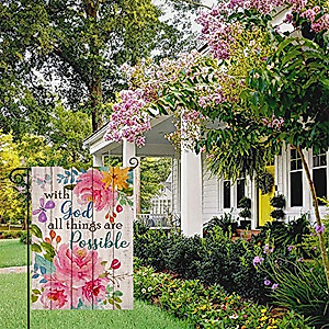 Artofy with God all Things are Possible Spring Home Decorative Garden Flag, Summer House Yard Religious Outdoor Peony Flower, Fall Inspirational Butterfly Faith Outside Farmhouse Small Decor 12 x 18