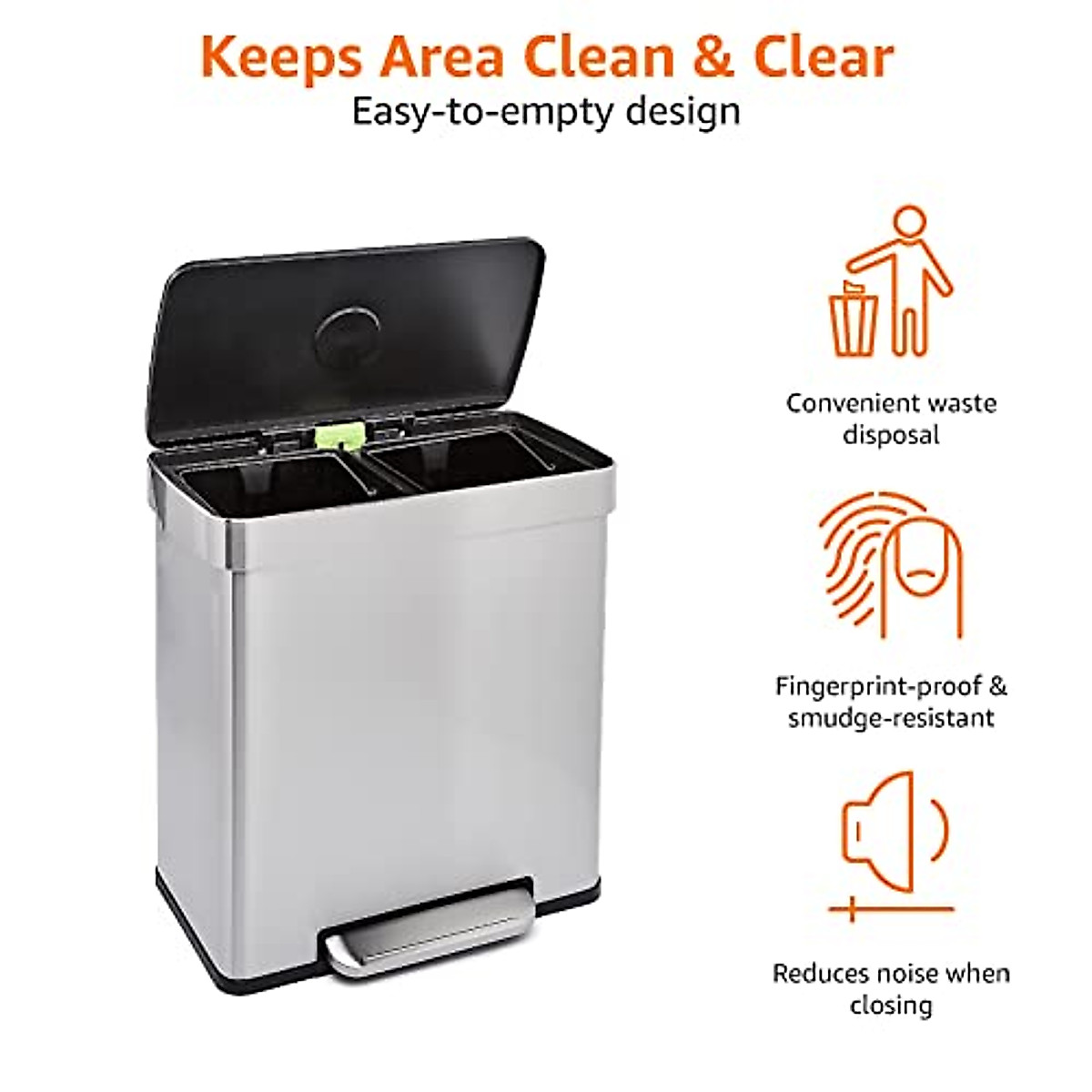 Amazon Basics Rectangular Recycling Trash Can with 2 Compartments - 60 Liter