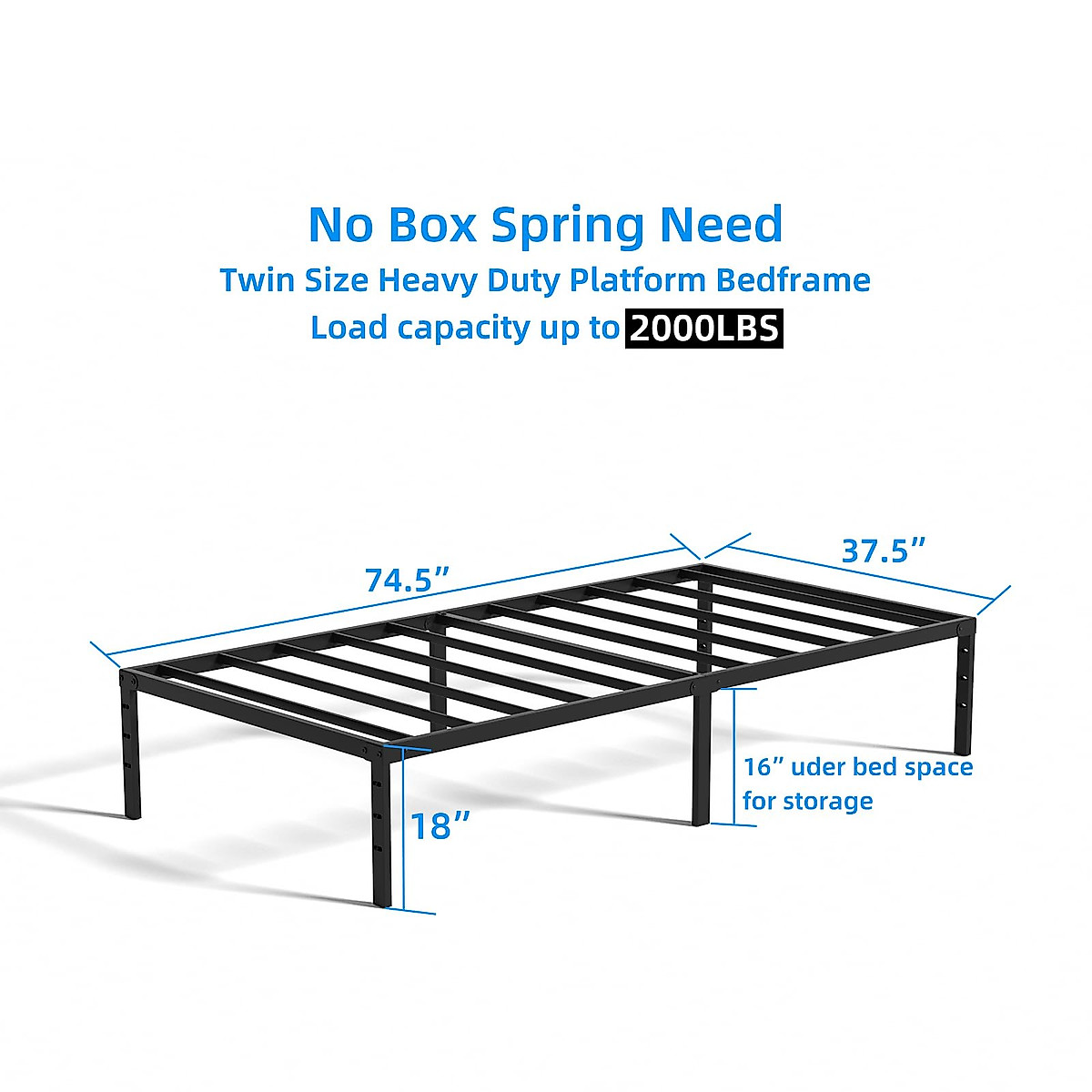 Meberam 18 Inch Twin Size Metal Platform Bed Frame Heavy Duty Mattress Foundation Support No Box Spring Need, Black