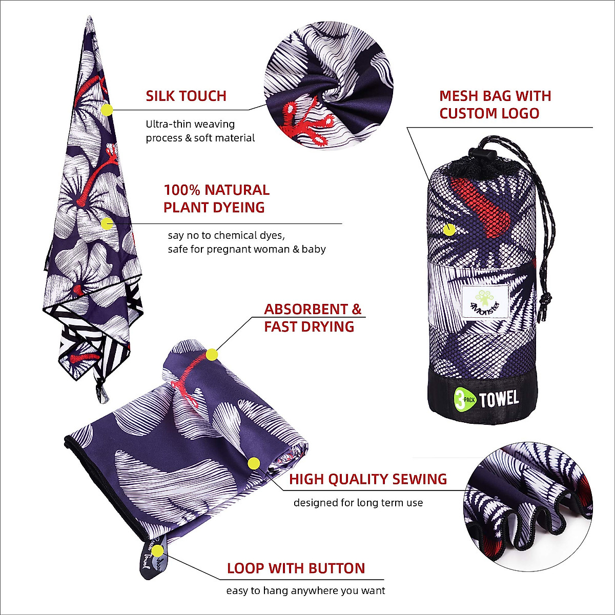 4Monster Camping Towels 3 Size at 1 Pack,Quick Dry Microfiber Towel,Beach Travel Towel Ultra Compact,Soft Gym Towel for Hiking Yoga Travel Sports Backpacking Trip and Pool