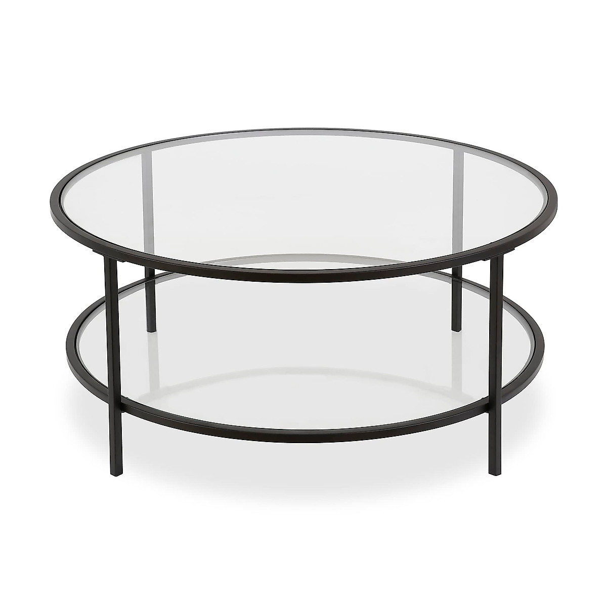 Henn&Hart 36" Wide Round Coffee Table with Glass Top in Blackened Bronze, Modern coffee tables for living room, studio apartment essentials